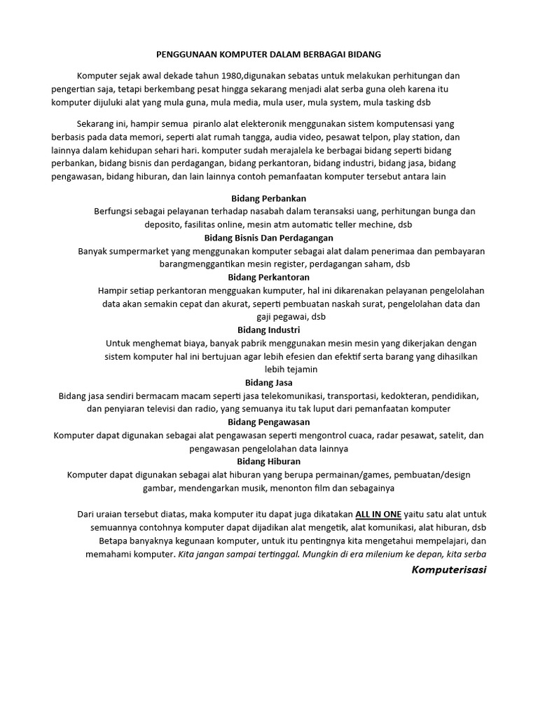 Penggunaan Komputer Dalam Berbagai Bidang | PDF