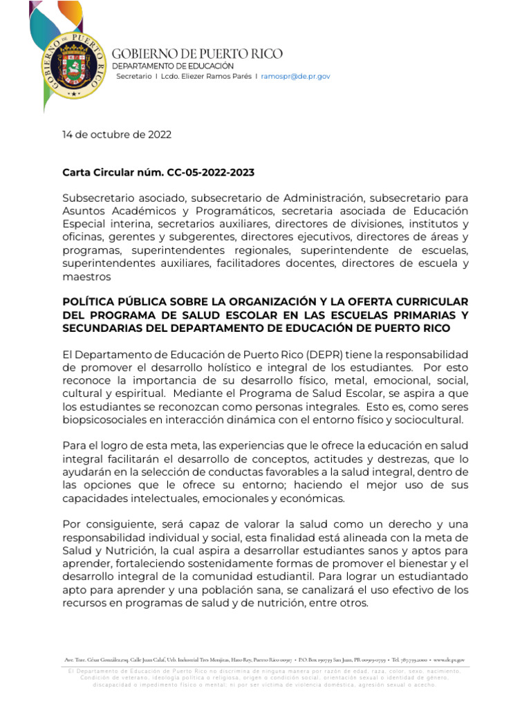 Carta Circular Num. 05-2022-2023-Firmado | PDF | Educación primaria | Plan de estudios