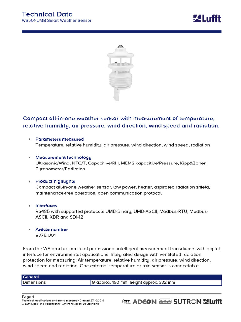 Data Sheet - Weather Sensors - Lufft - WS501 UMB | PDF | Sensor | Wind Speed