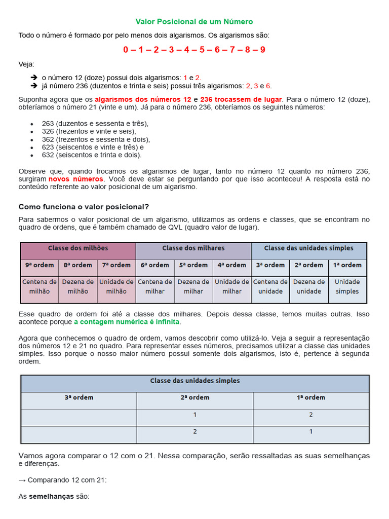 Valor Posicional de Um Número | PDF | Decimal | Matemática