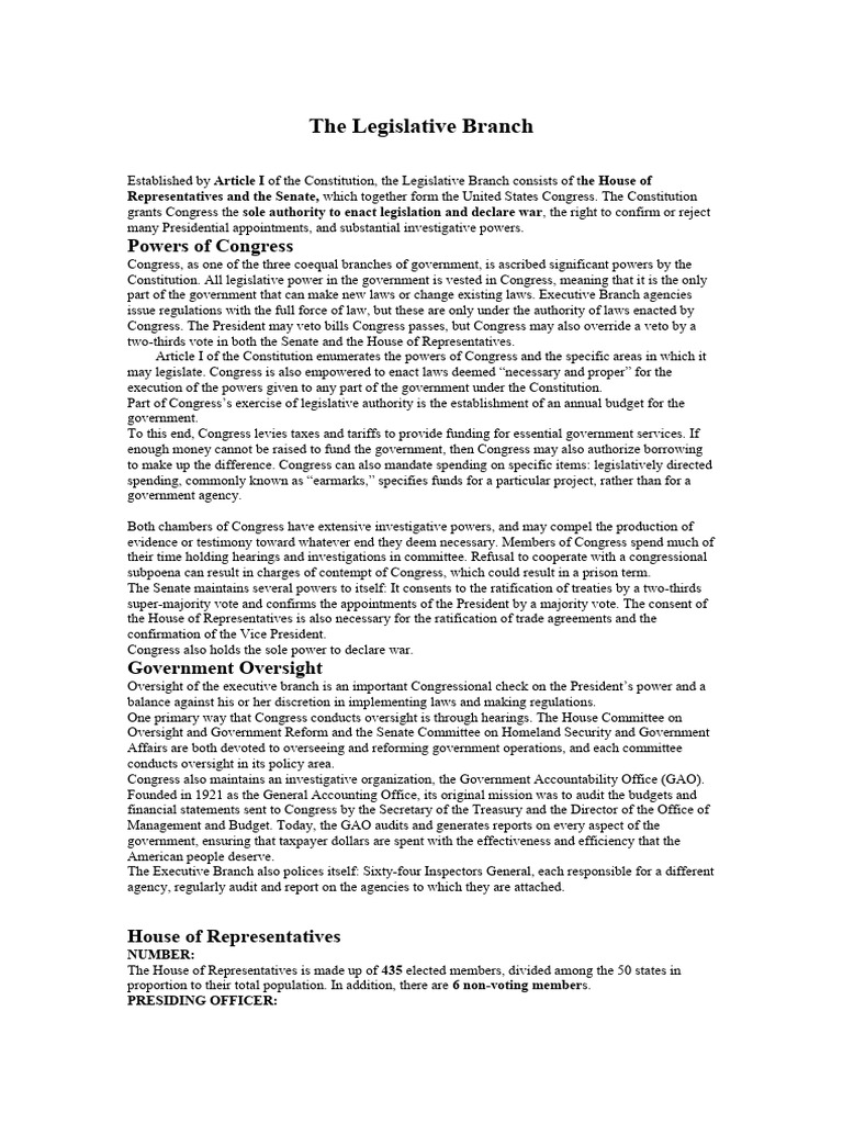 Overview of the U.S. Legislative Branch | PDF | United States Congress ...