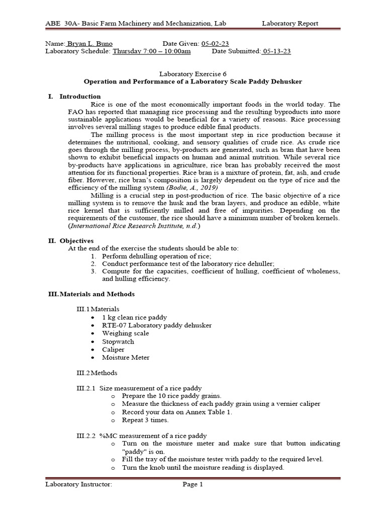 ABE 30 Lab Exercise 6 Operation and Performance of A Laboratory Scale Paddy Dehusker | PDF ...