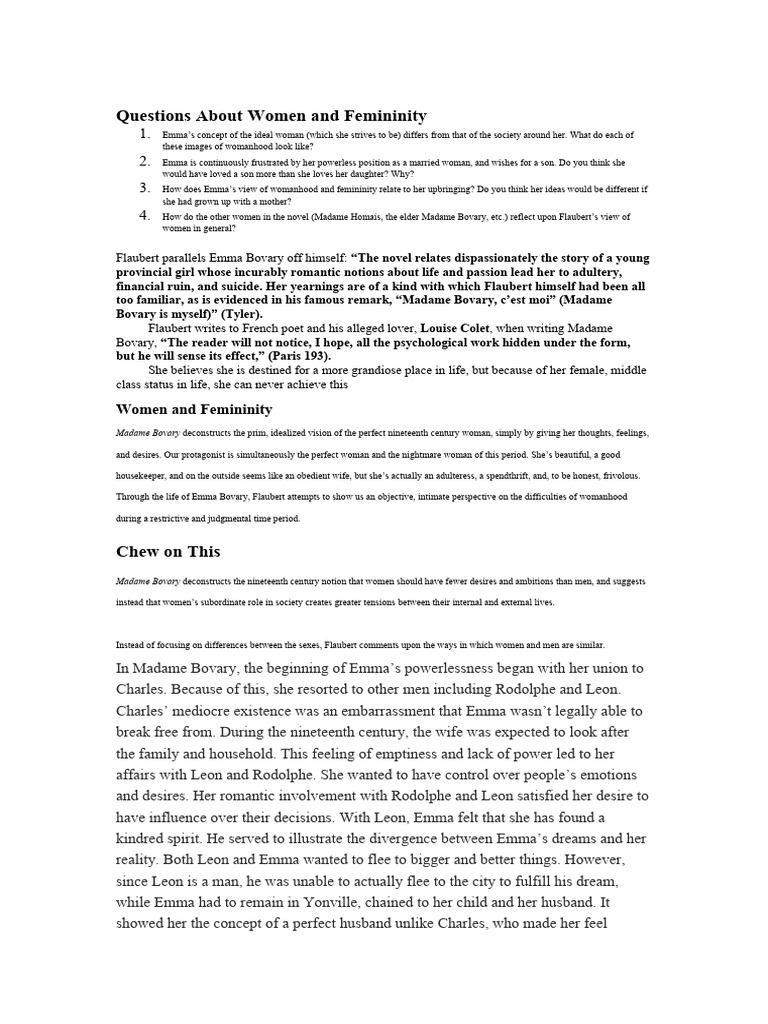 Questions About Women and Femininity Madame Bovary | PDF | Madame Bovary