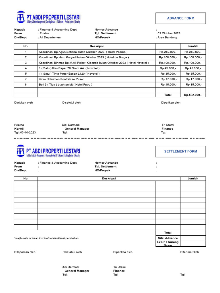 Form Advance & Settlement Oktober 23 | PDF