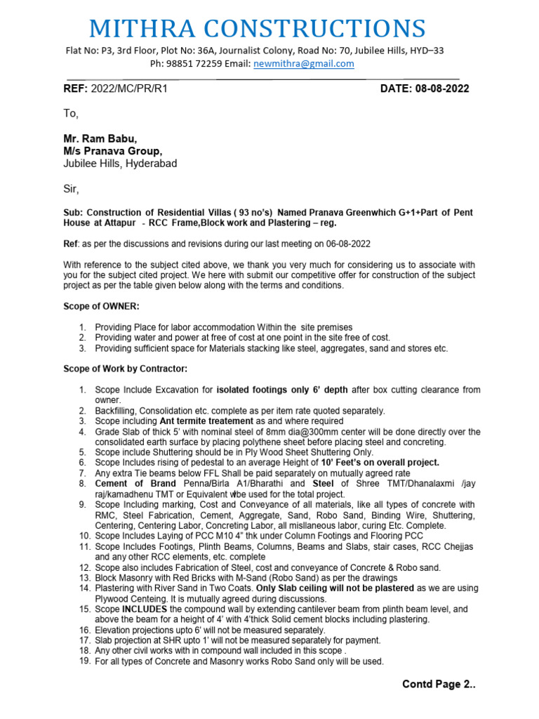 Pranava Greenwhich Quote by Mithra R1 | PDF | Concrete | Structural Engineering