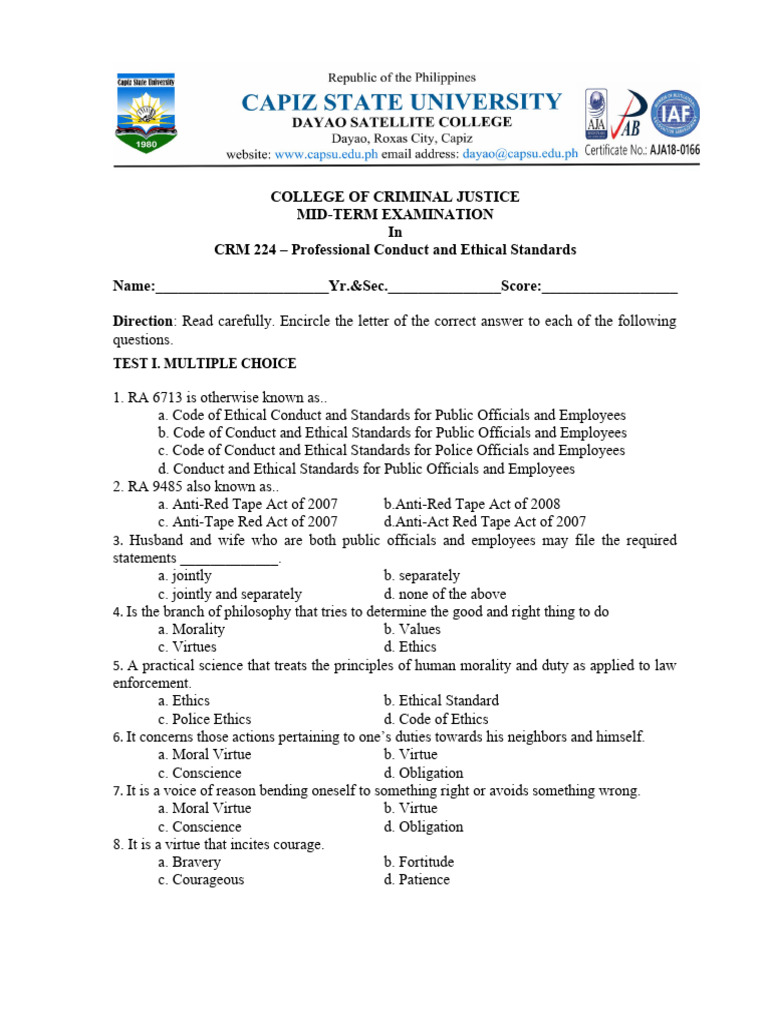 MIdterm Exam PCES 1stSEm2021 | PDF | Courage | Morality