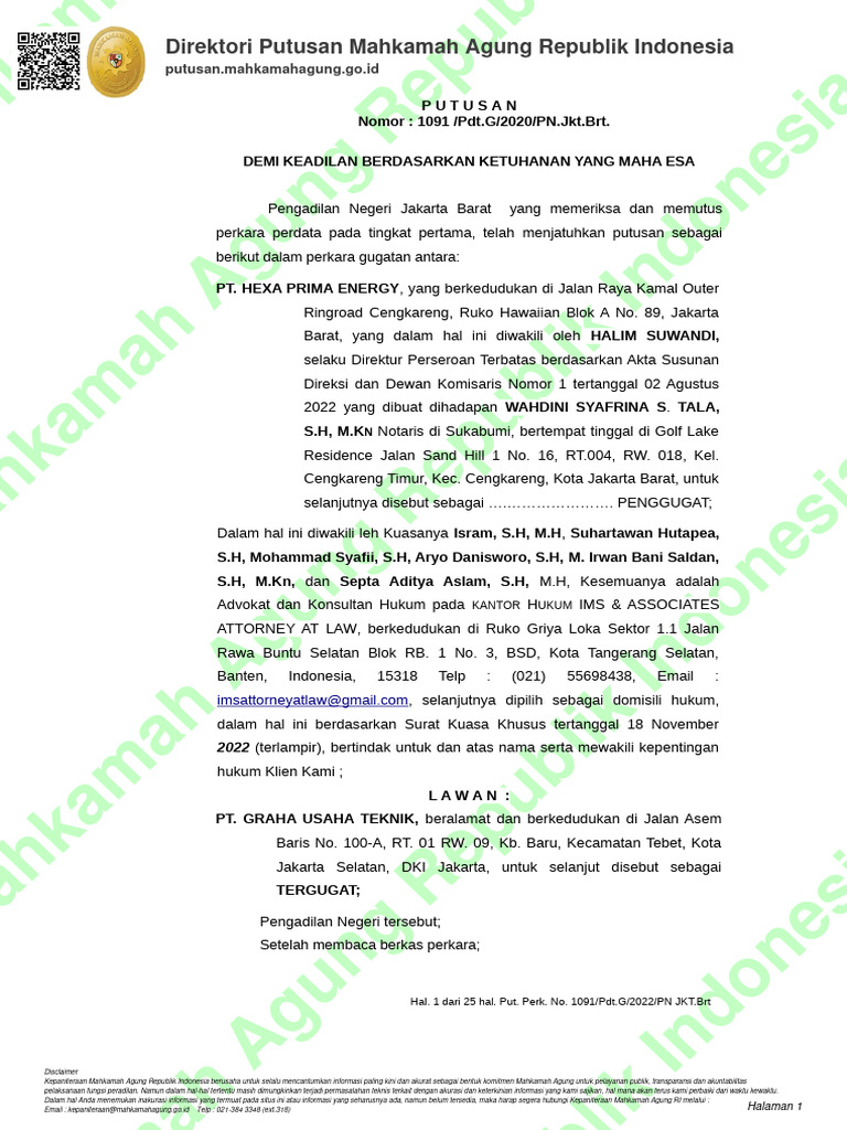 Gugatan PT Hexa Prima Energy di PN Jakarta Barat | PDF