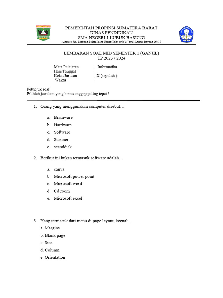 SoaL MID Informatika X (Sepuluh) - 1 | PDF | Seni | Teknologi & Rekayasa