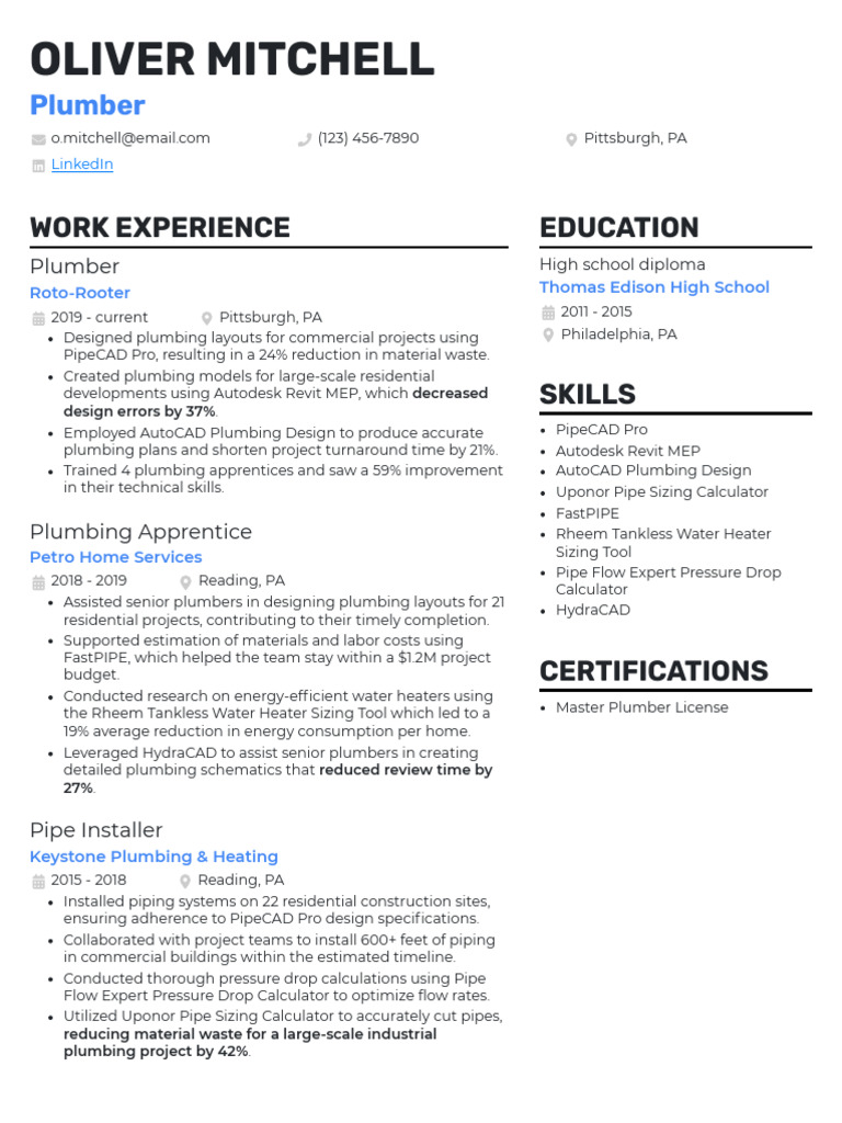 Plumber Resume Example | PDF | Plumbing | Water Heating