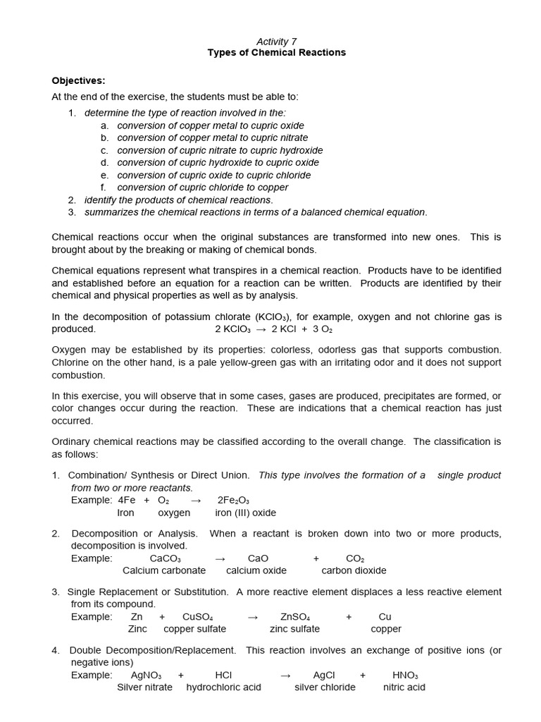 Types of Chemical Reactions Activity | PDF | Redox | Chemical Reactions