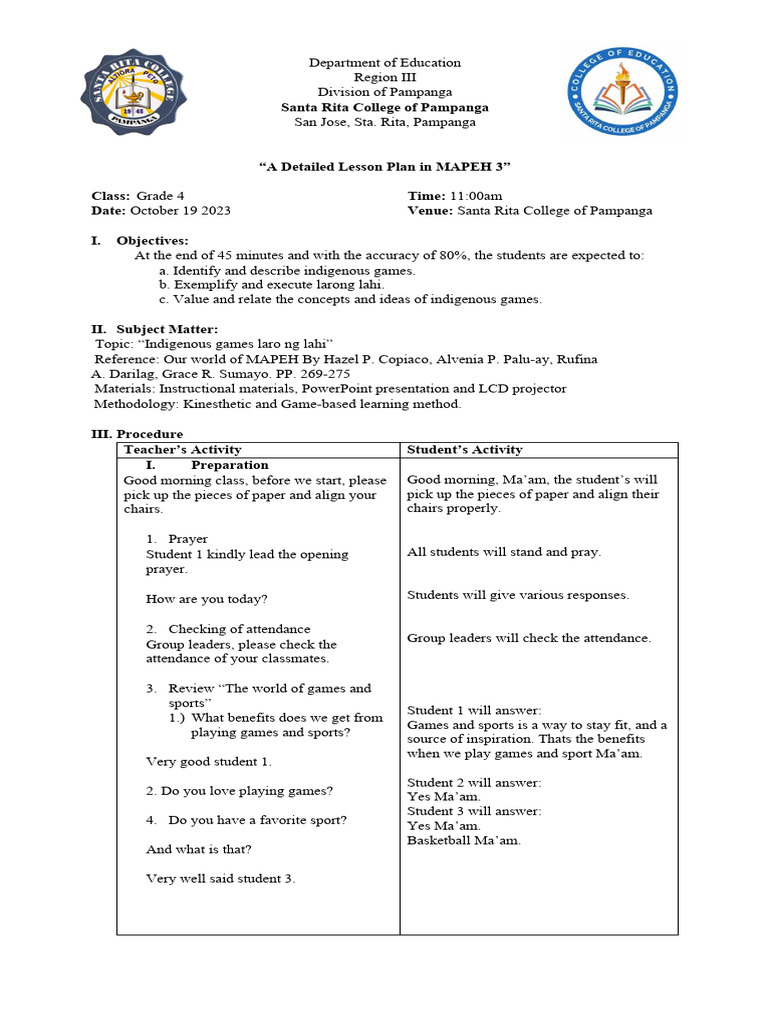 DLP in MAPEH3 Indigenous Games Laro NG Lahi | PDF | Sports & Recreation ...