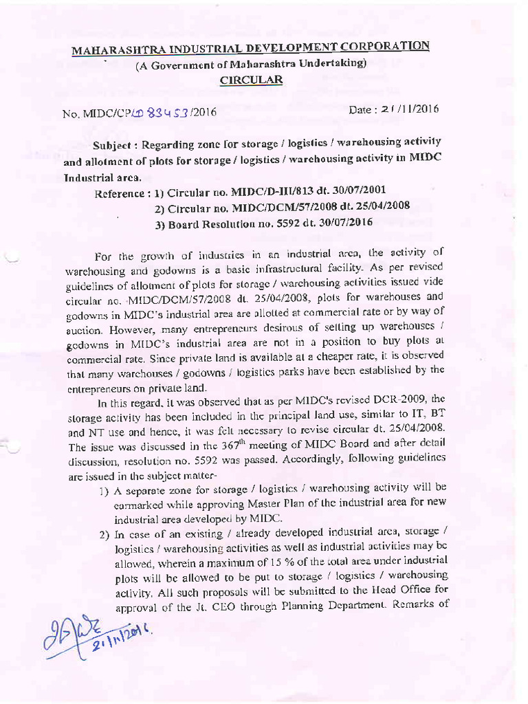 MIDC Circular - Warehousing & Stroage in MIDC Area | PDF