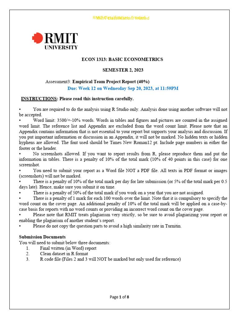 RMIT Assessment 3 S2 2023 final-1 | PDF | Multicollinearity | Dependent And Independent Variables