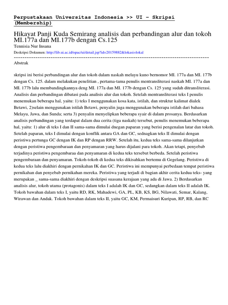 Hikayat Panji Kuda Semirang Analisis Dan Perbandingan Alur Dan Tokoh MI.177a Dan MI.177b Dengan ...