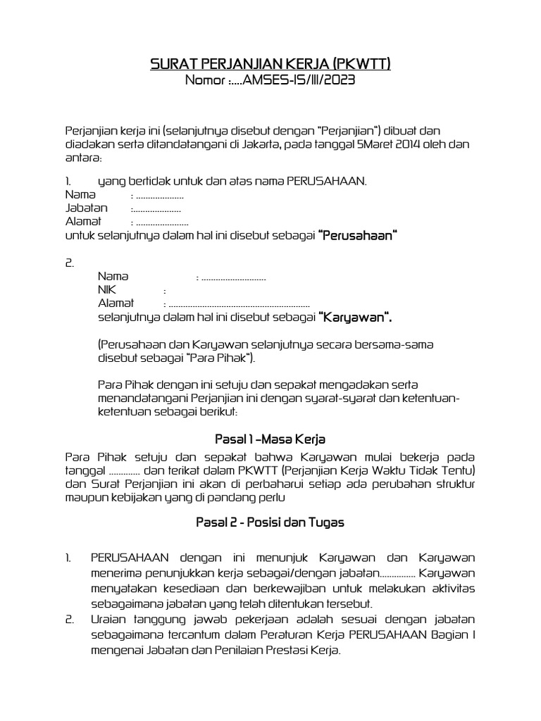 Surat Perjanjian Kerja PKWTT | PDF