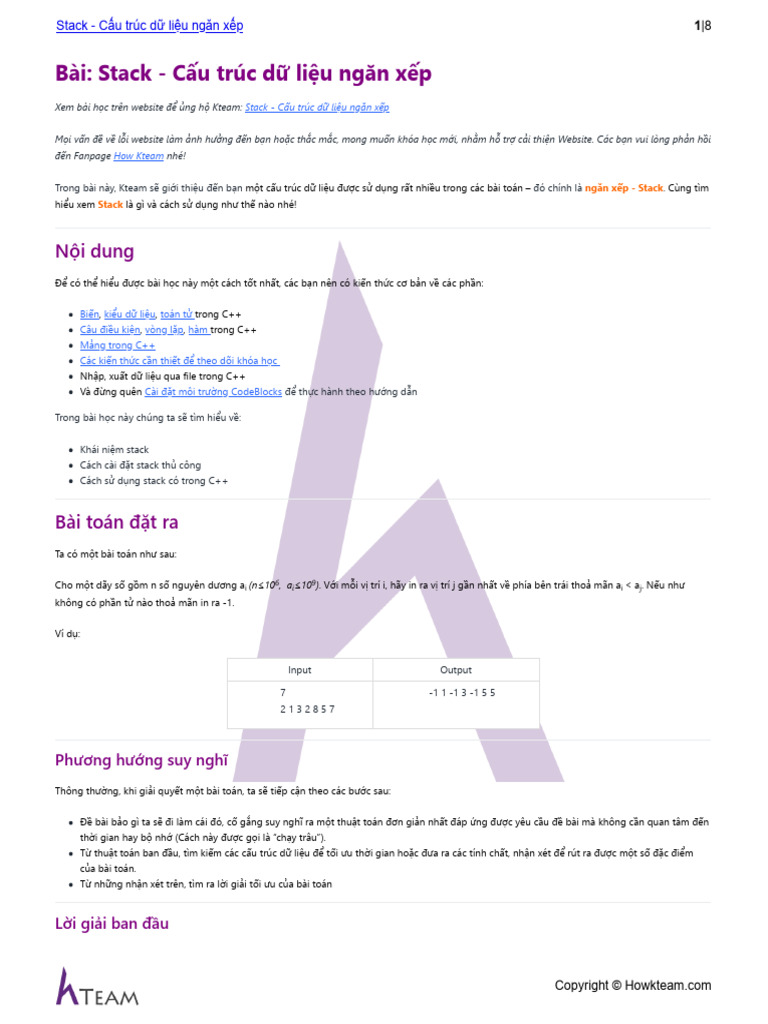 HOWKTEAM.VN - Stack - Cấu trúc dữ liệu ngăn xếp | PDF