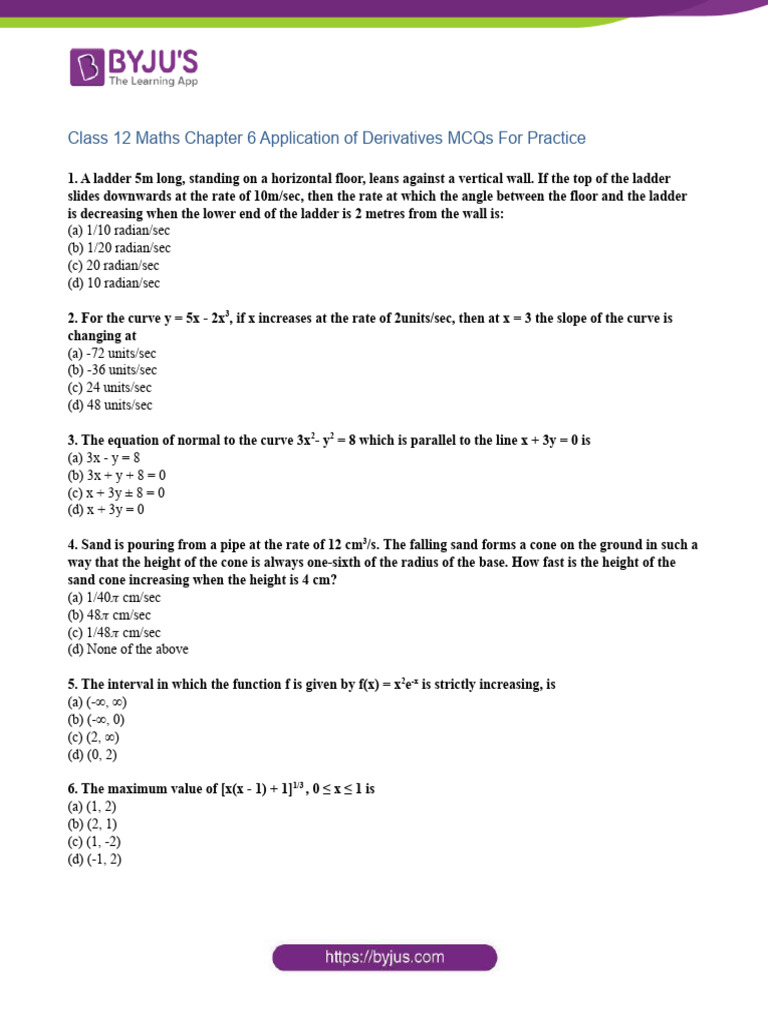 Class 12 Maths Chapter 6 Application of Derivatives MCQs | PDF