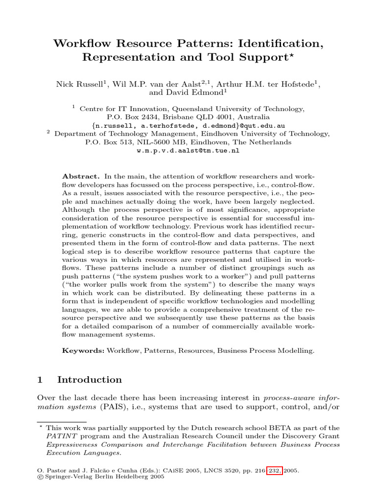 Workflow Resource Patterns: Identification, Representation and Tool ...