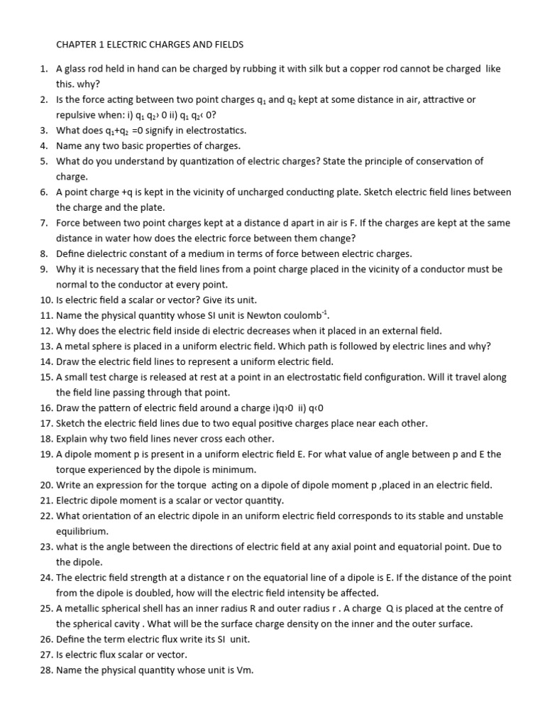 Chapter 1 Practice Questions | PDF | Electric Field | Electric Charge