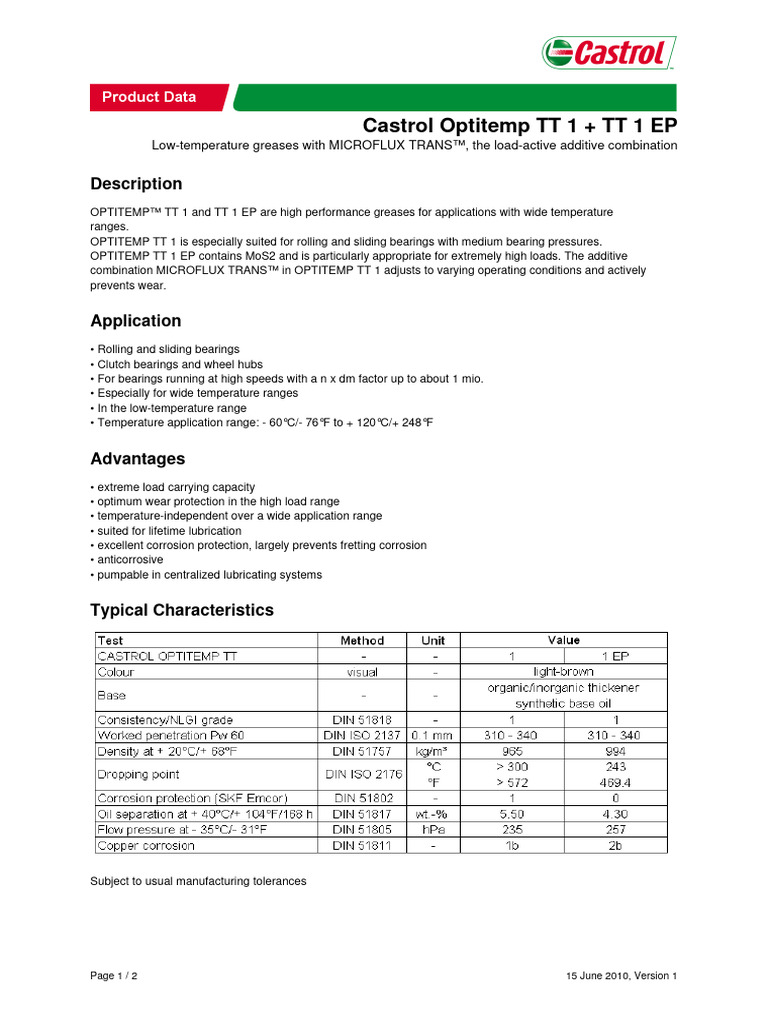 CASTROL OPTITEMP TT1 EP Grease Specification | PDF | Bearing ...