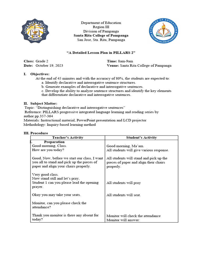 Grade 2 Lesson Plan: Sentence Types | PDF | Question | Sentence ...
