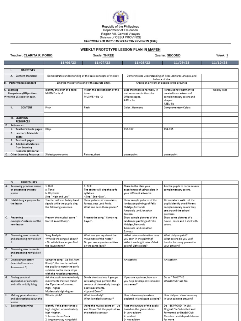 DLL - Mapeh 3 - Q2 - W1 | PDF | Learning | Paintings