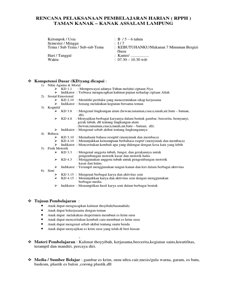 RPPH Tema Kebutuhanku Minuman Bergizi Susu | PDF