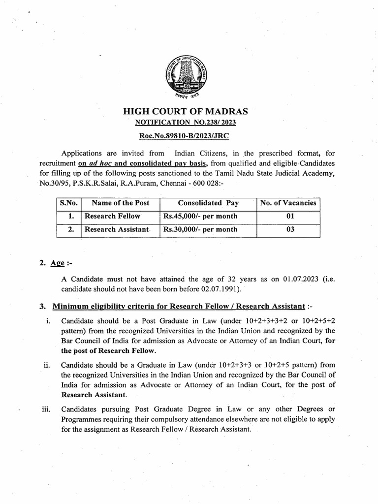 Notification No.238 of 2023-Research Fellow & Research Assistant-2023 | PDF | Advocate | Tamil Nadu