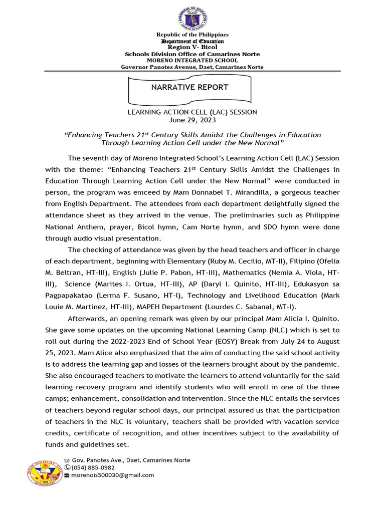 7th LAC Narrative Report June 29 - 2023 | PDF | Teachers