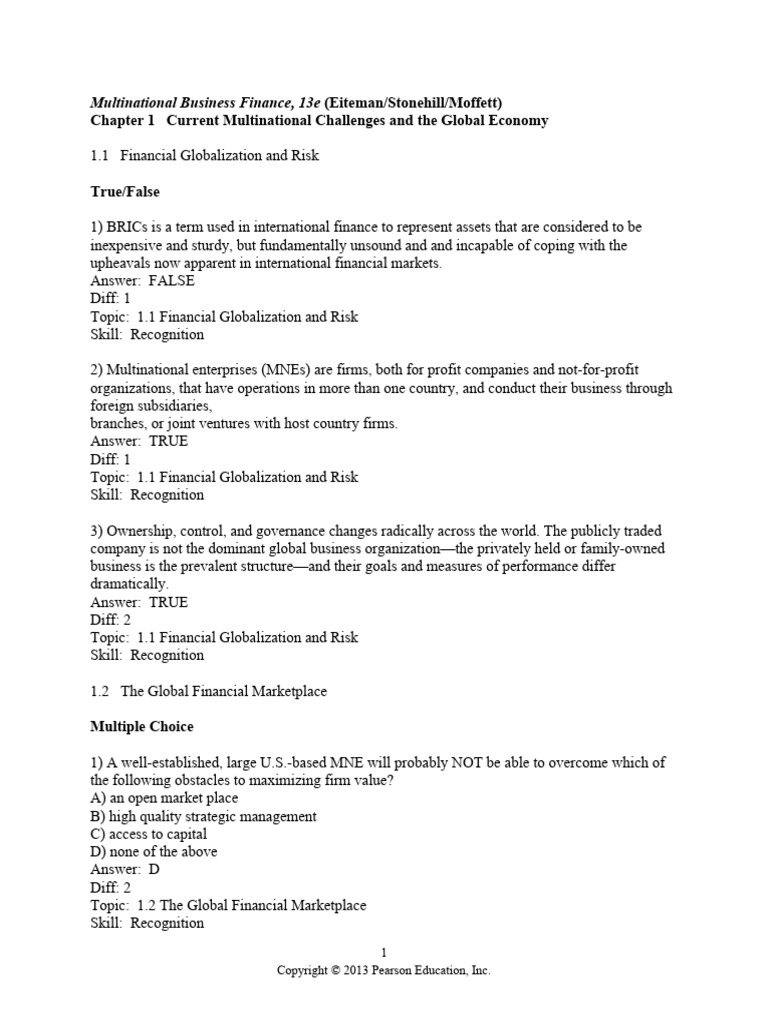 Testbank - Multinational Business Finance - Chapter 1 | PDF ...