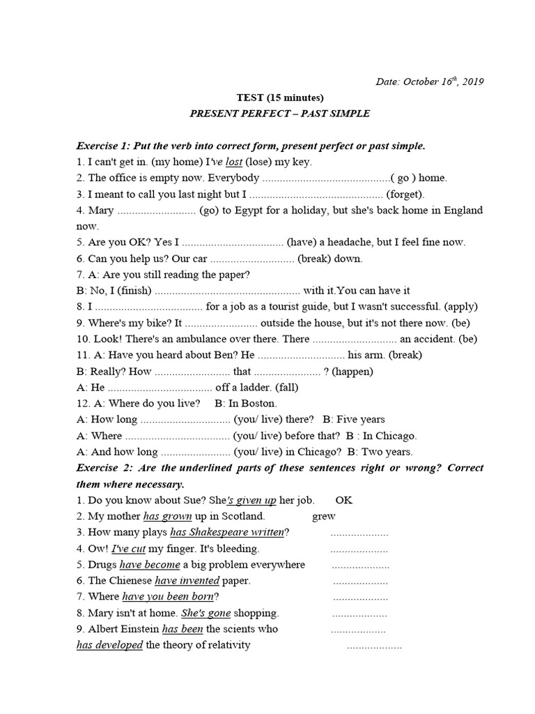 Bài phân biệt thì QK Đơn và HT Hoàn thành (15p) | PDF | Home & Garden | Art