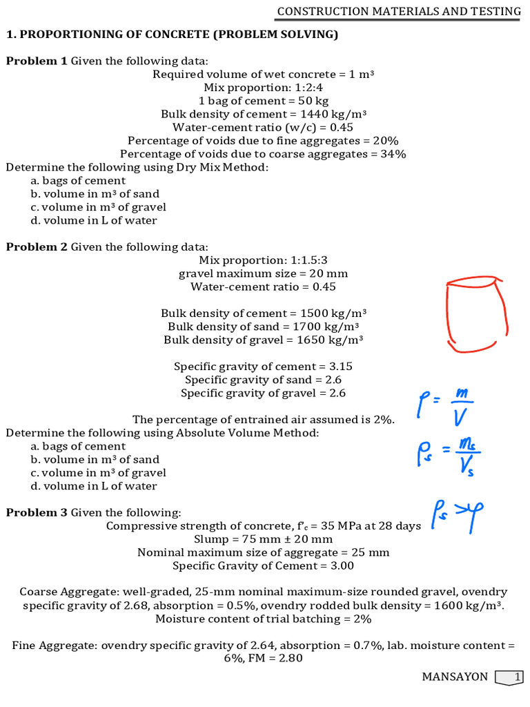 PROPORTIONING OF CONCRETE 1 Sec 1 | PDF | Concrete | Density
