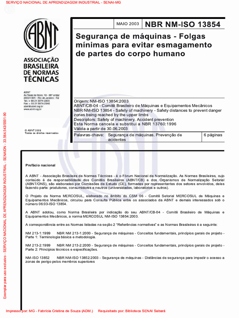 ABNT NBR ISO 13.854 - Folgas Mínimas para Evitar Esmagamento | PDF