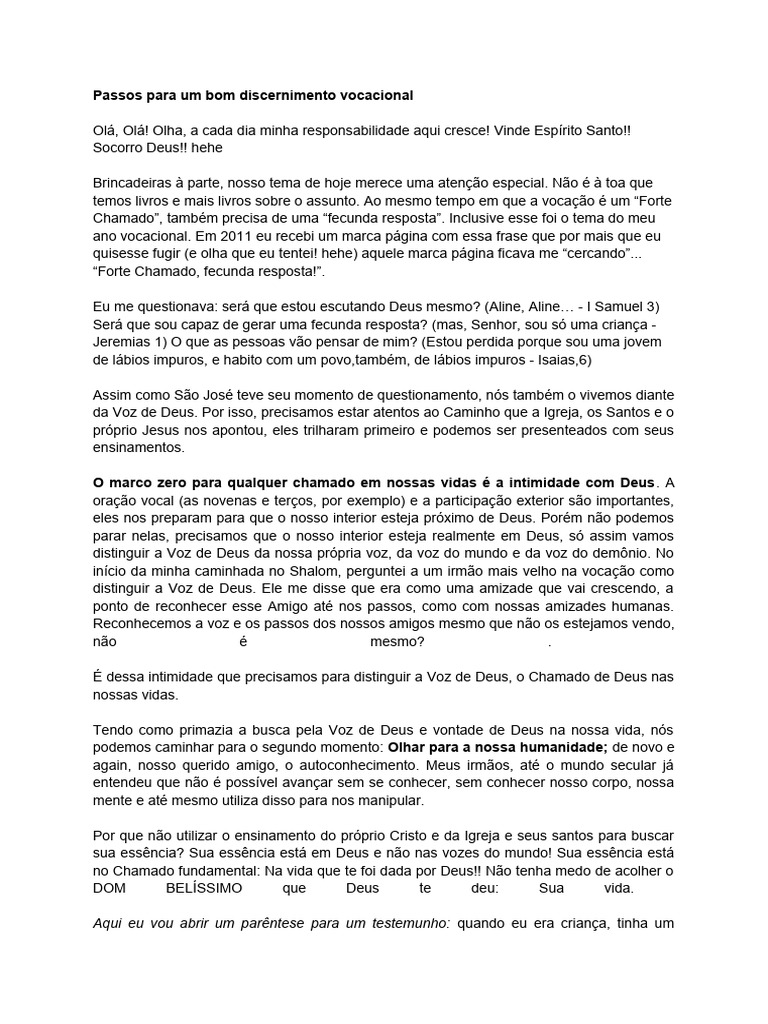 Passos para Um Bom Discernimento Vocacional | PDF | Deus | Santo