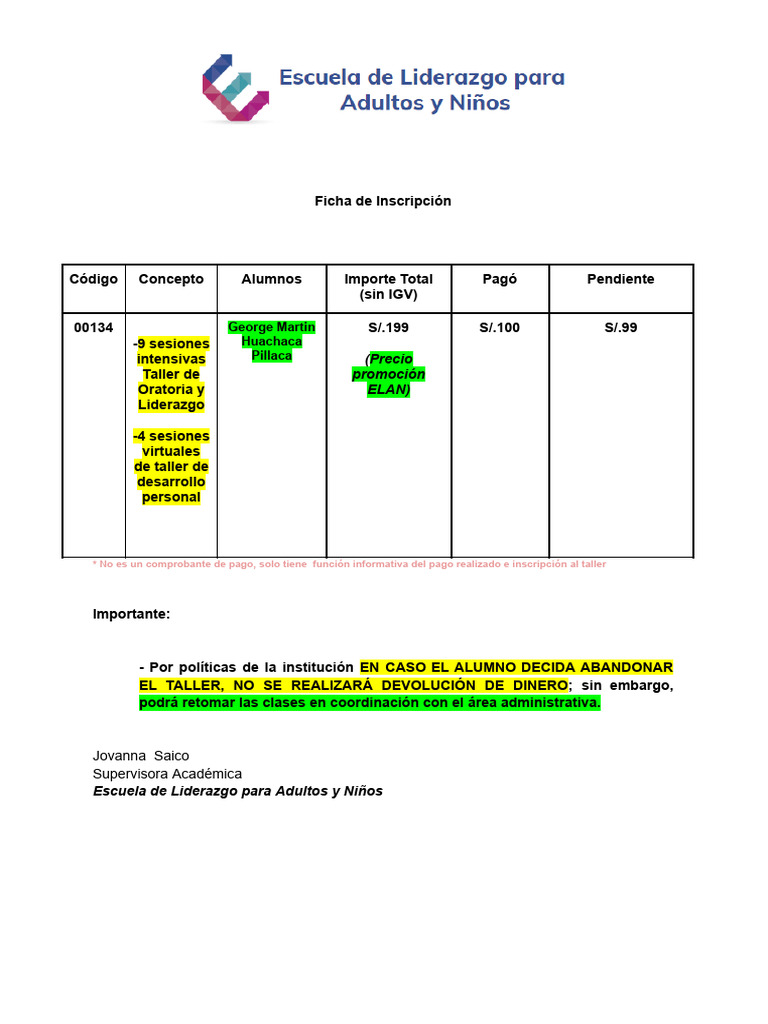 Ficha de Inscripción - George Martin Huachaca Pillaca | PDF