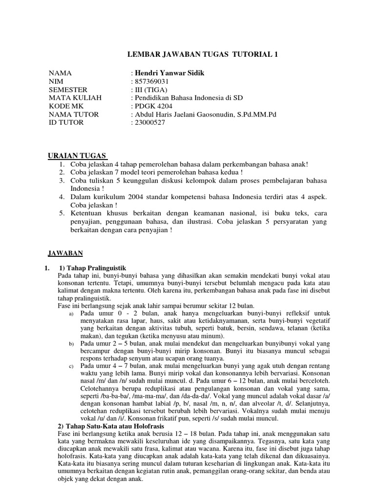 TUGAS TUTORIAL 1 PEND BHS INDONESIA Di SD PDGK 4204 (Hendri Yanwar Sidik) | PDF | Seni ...
