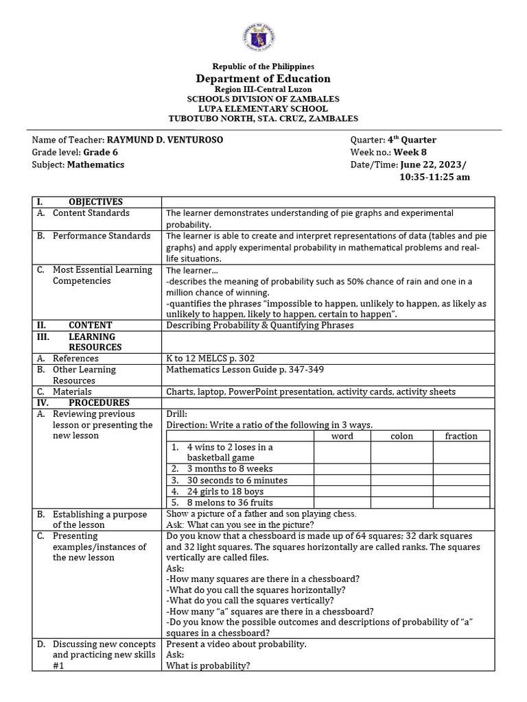 COT - Lesson Plan in Math. | PDF | Odds | Probability