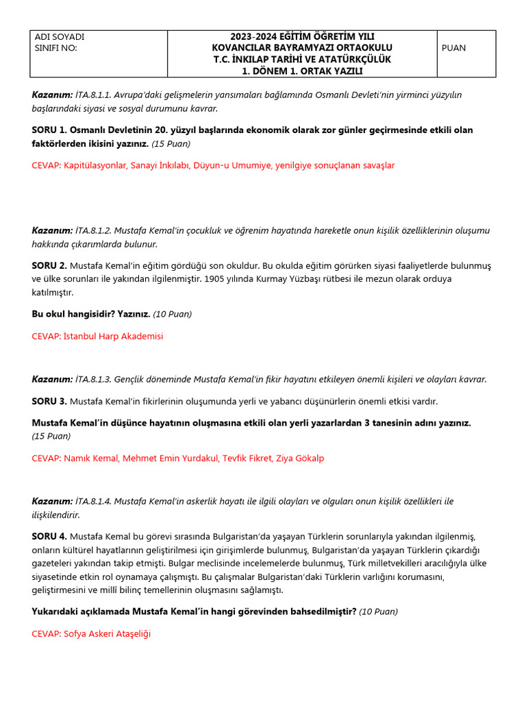 2023 2024 T.C. Inkilap Tarihi 1. Donem 1. Ortak Yazili 8 Soruluk Cevap Anahtari | PDF