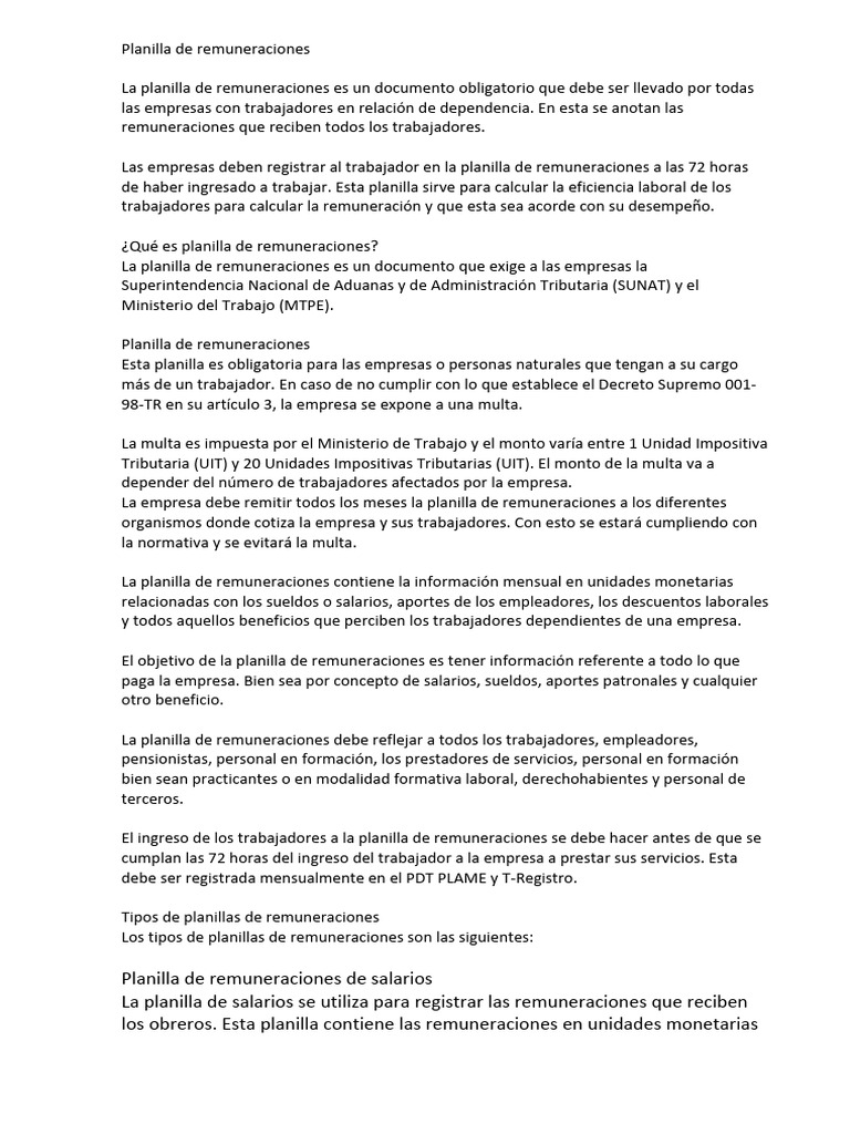 Guía sobre la Planilla de Remuneraciones en Perú | PDF | Salario ...