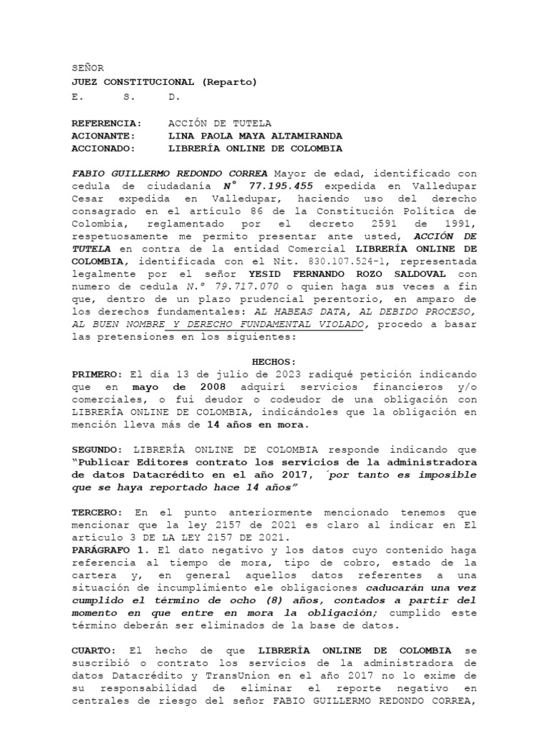 MODELO DE ACCION DE TUTELA | PDF | Caso de ley | Justicia