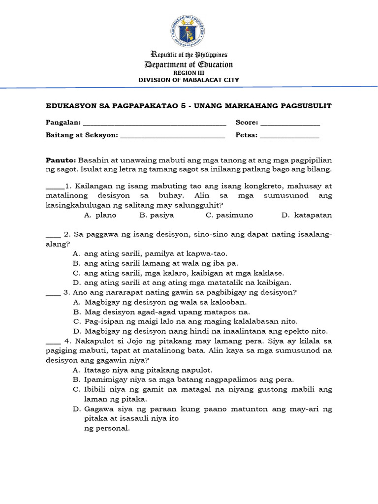 Esp6 - Q1 - 2023 2024 With Tos | PDF