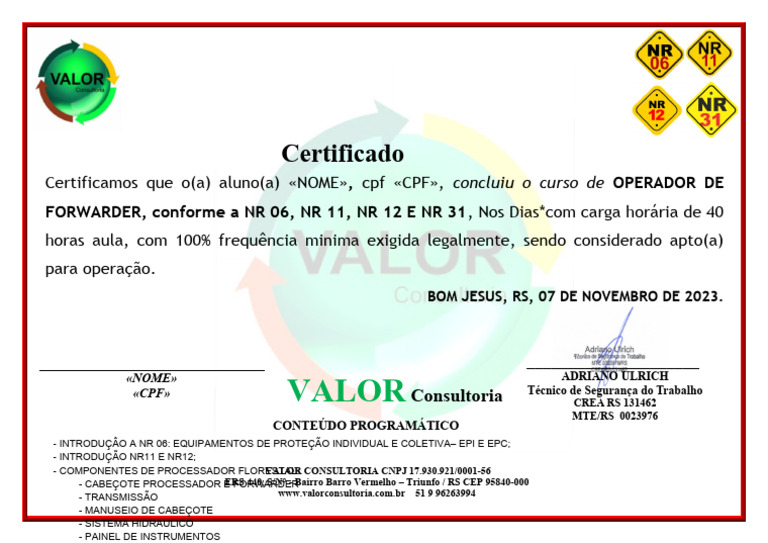 Certificado Operador de FORWARDER | PDF