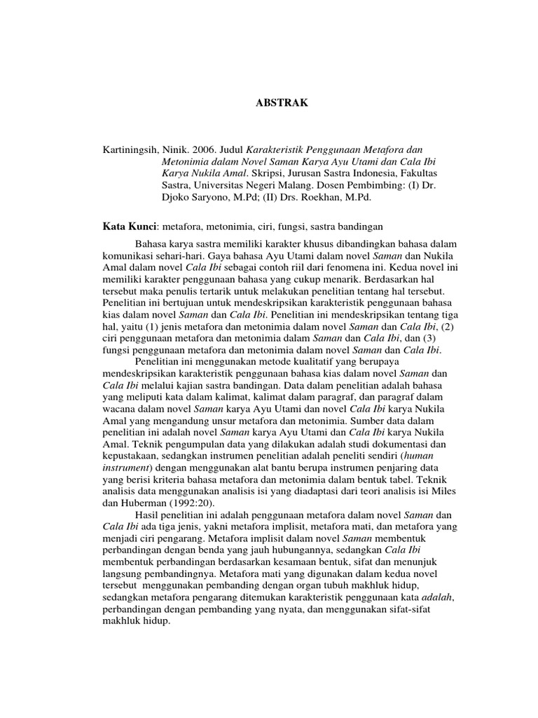 Karakteristik Penggunaan Metafora Metonimia DLM Novel Saman Karya Ayu Utami Cala Ibi Karya ...