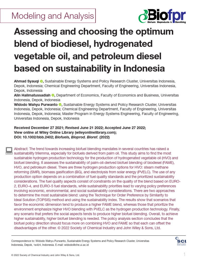 Assessing and Choosing The Optimum Blend of Biodiesel, Hydrogenated ...
