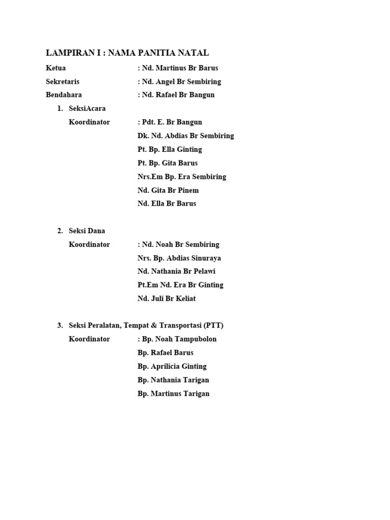 Lampiran Panitia Natal GBKP Sei Rampah | PDF