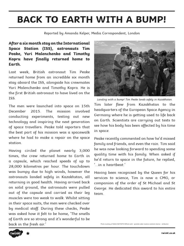 Back To Earth With A Bump Newspaper Article Example | PDF | Astronauts ...