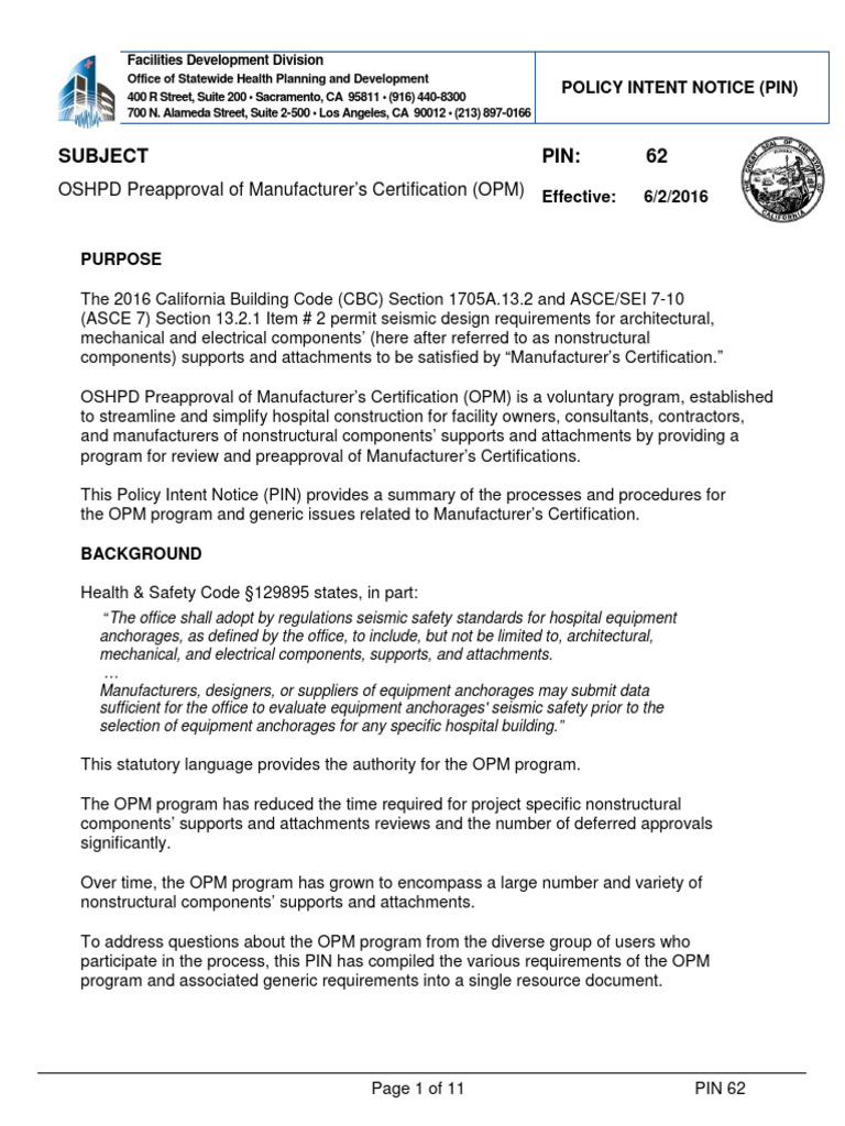 PIN 62 OSHPD Preapproval of Manufacturers Certification OPM | PDF ...