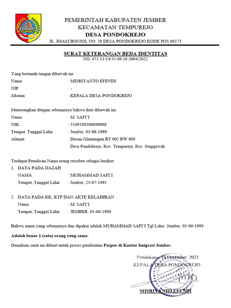 SURAT KETERANGAN BEDA IDENTITAS | PDF