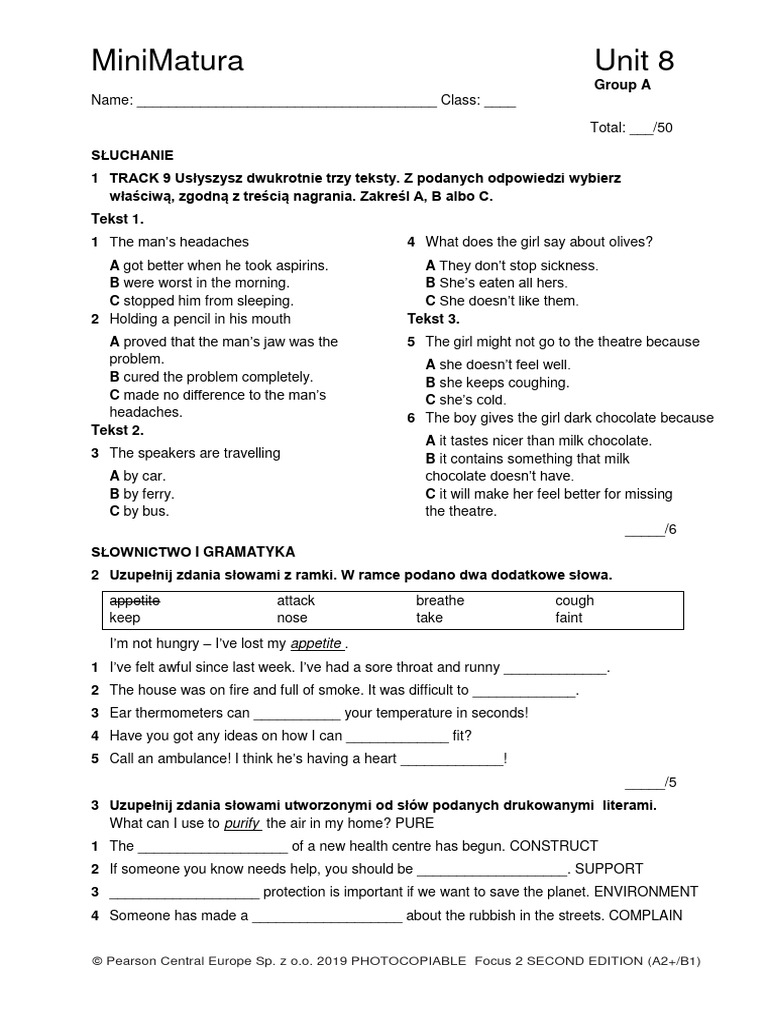 Focus 2 2ed MiniMatura Unit8 GroupA 1kol | PDF | Clinical Medicine | Diseases And Disorders