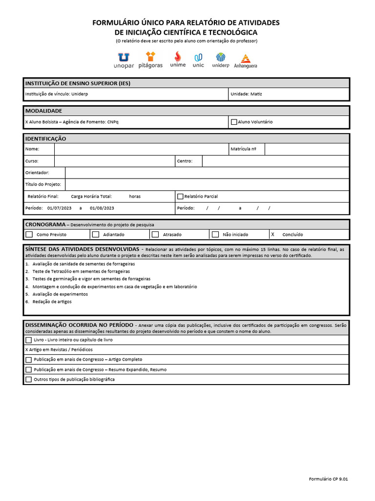 CP 09.11 - Formulario Único para Relatório de Atividades de Iniciação ...